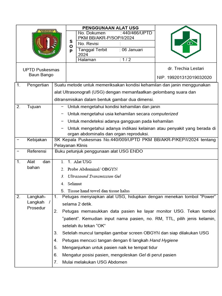 Sop Penggunaan Alat Usg | PDF
