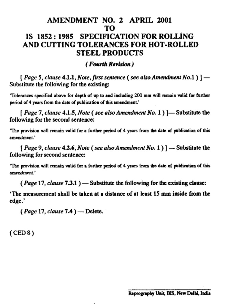 Amendment to IS 1852:1985 Standards | PDF