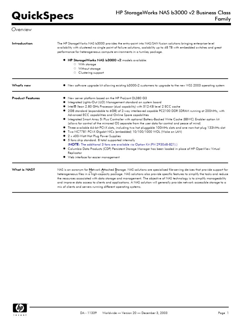 HP StorageWorks NAS b3000 v2 Business Class Family-C04282859 | PDF ...