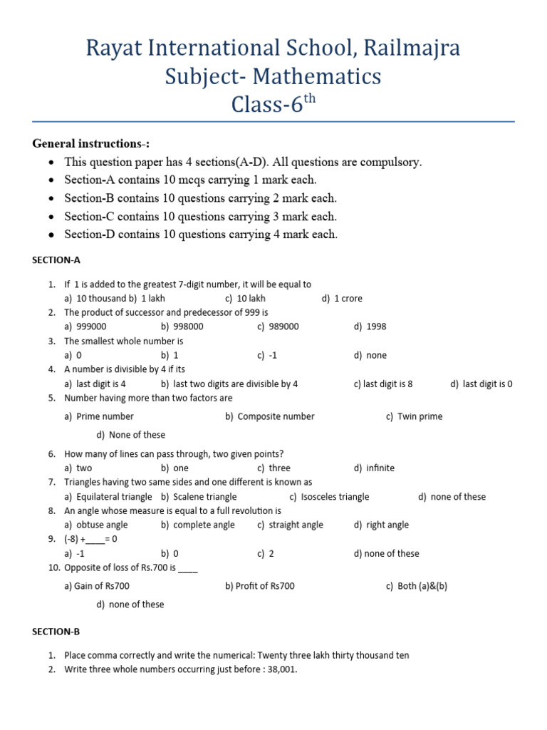 Class 6 Mathematics Question Paper | PDF | Numbers | Triangle