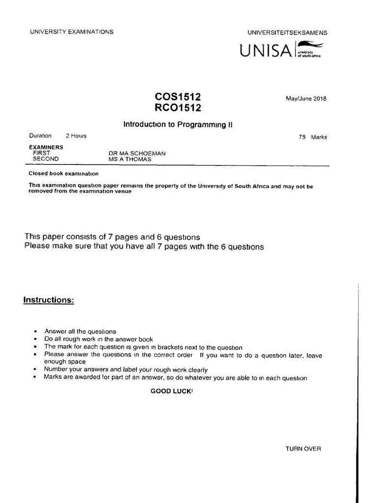 COS 1512 - Examination Question Paper 1 May-June 2018 (Eng) | PDF