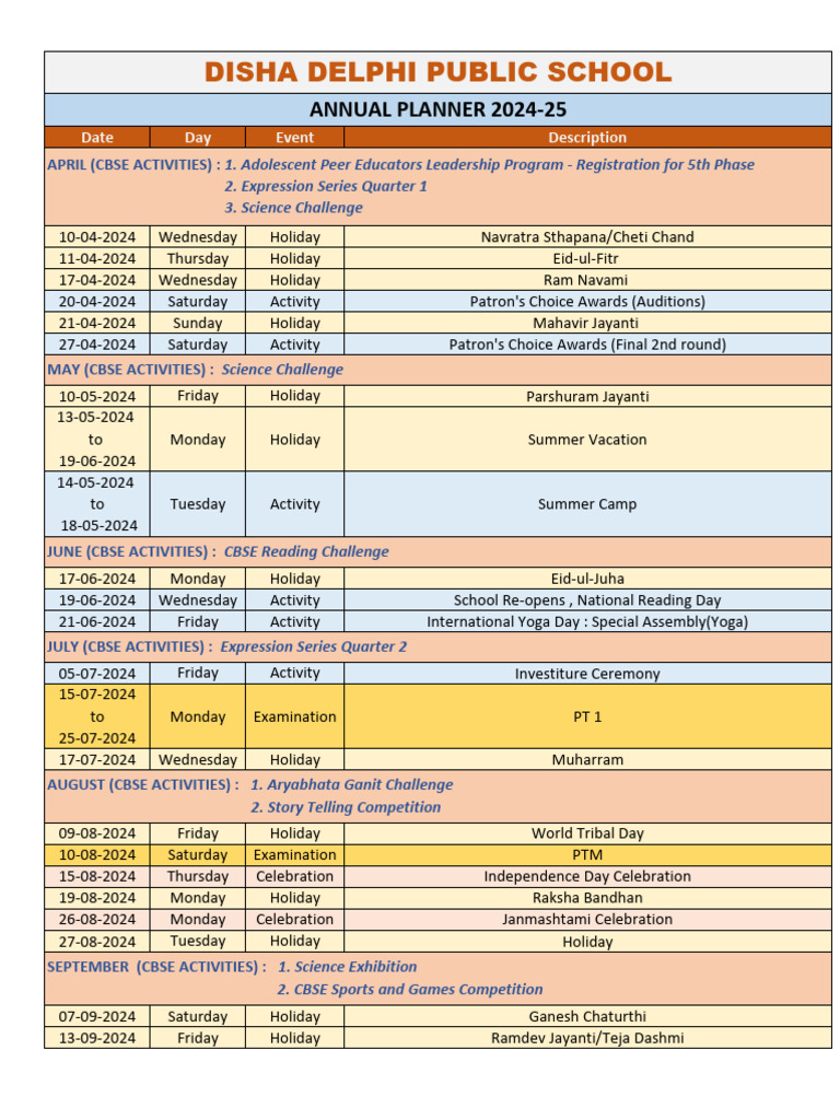 Academic and Holiday Planner For The Session 2024-25 | PDF ...