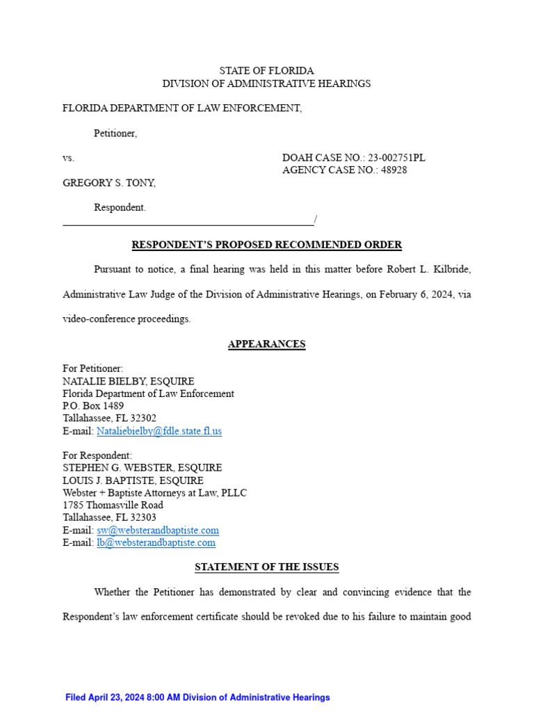 Respondent's Proposed Recommended Order | PDF | Testimony | Burden Of ...