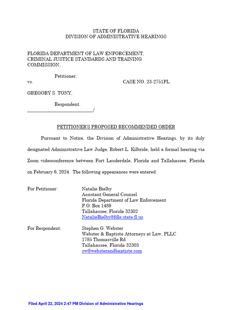 Florida Law Enforcement Hearing Order | PDF | Burden Of Proof (Law ...