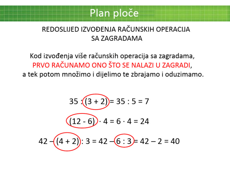 13 Redoslijed Izvodenja Racunskih Operacija Sa Zagradama Plan Ploce | PDF