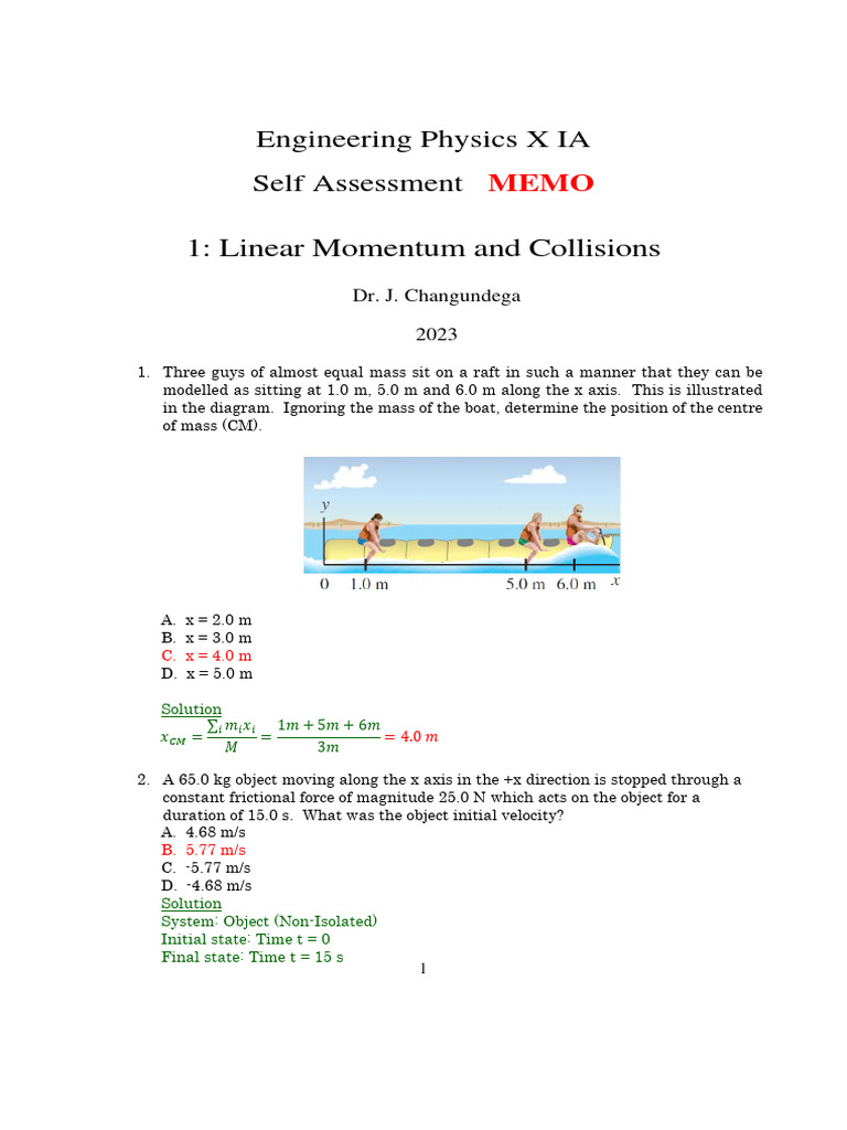 6 - Lecture Examples - Linear Momentum and Collisions MEMO-1 | PDF ...