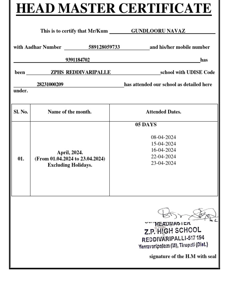 Attendance and Head Master Certificate For The Month April | PDF