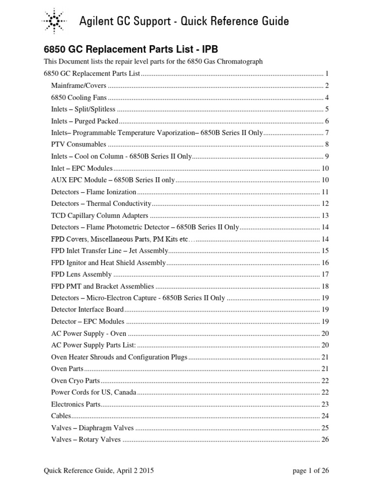 6850 GC Replacement Parts List | PDF | Gas Chromatography | Valve