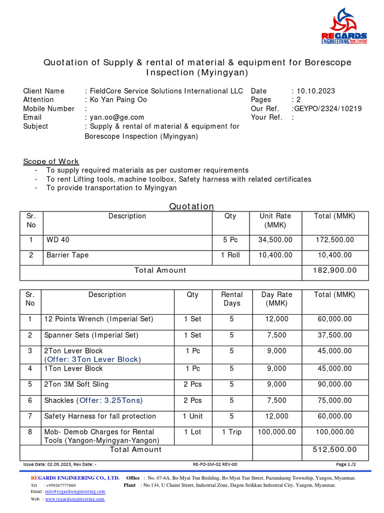 Quotation of Supply & rental of material & equipment for Borescope ...