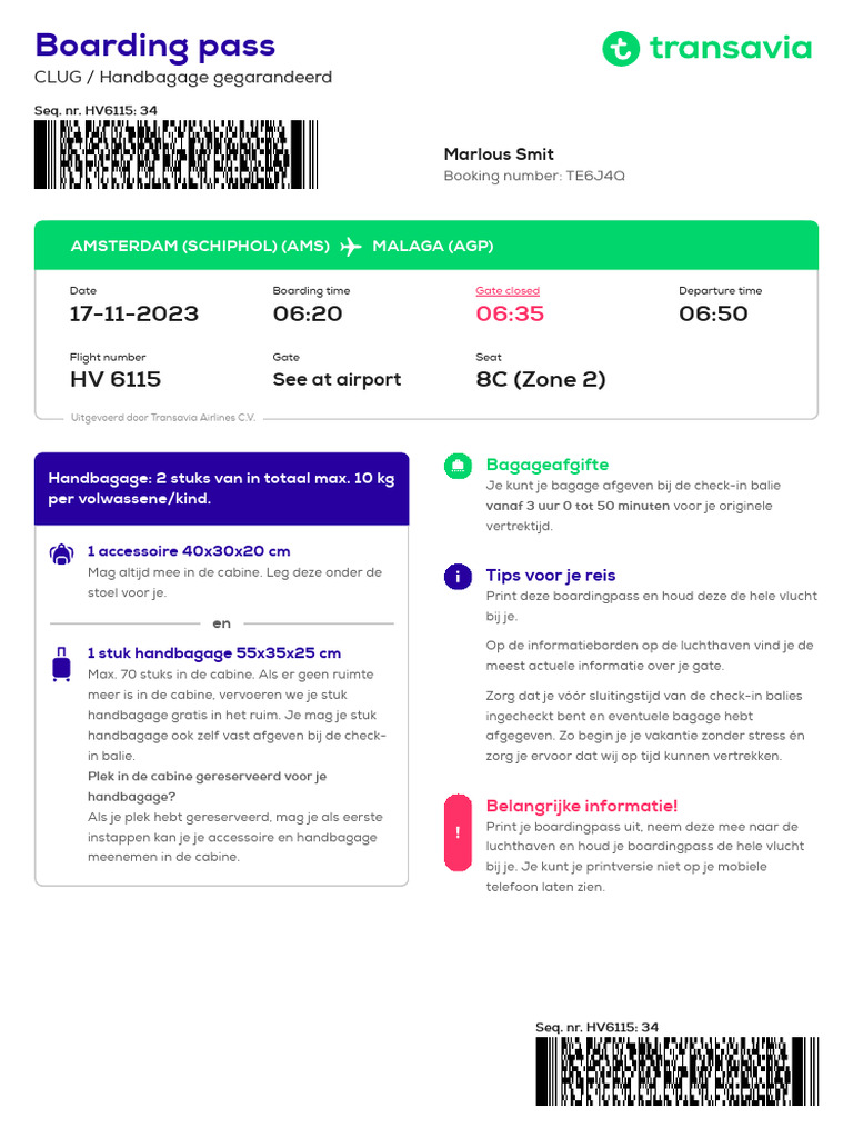 Transavia Boardingpass Marlous Smit HV6115 17-11-2023 | PDF