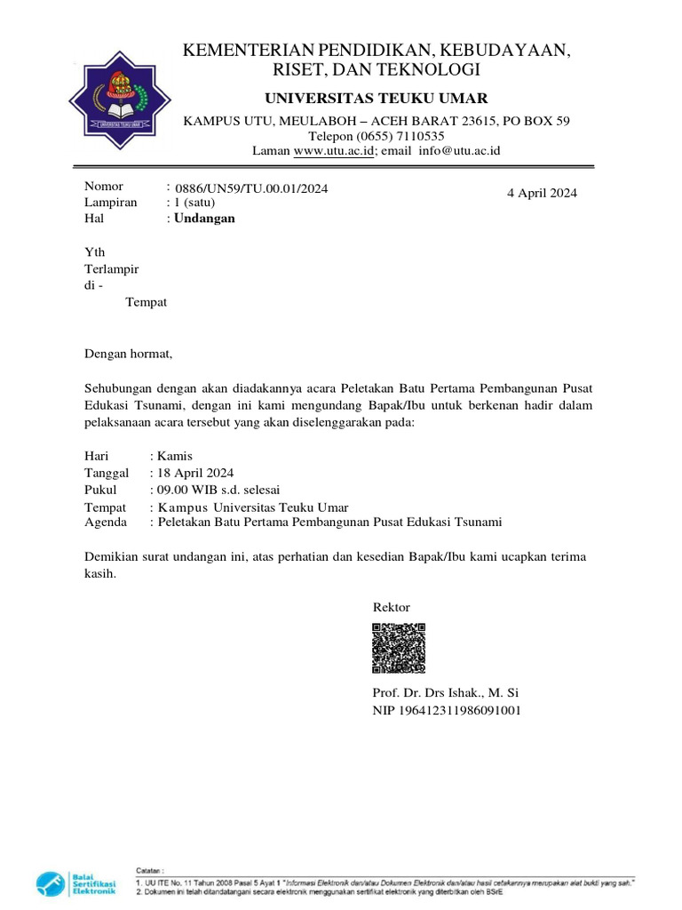 Undangan Rektor Peletakan Batu Pertama Museum Tsunami 18 April 2024 ...