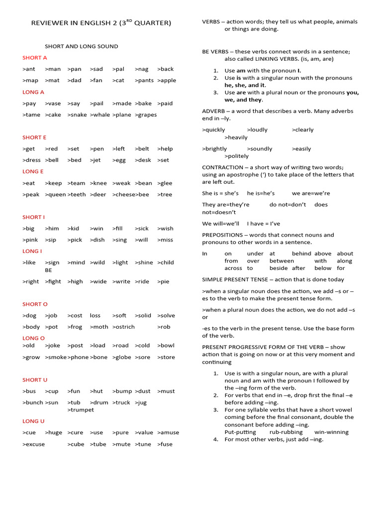 3rd Quarter REVIEWER IN ENGLISH 2 | PDF | Verb | Grammatical Number