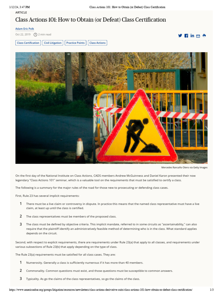 Class Actions 101 - How To Obtain (Or Defeat) Class Certification | PDF ...