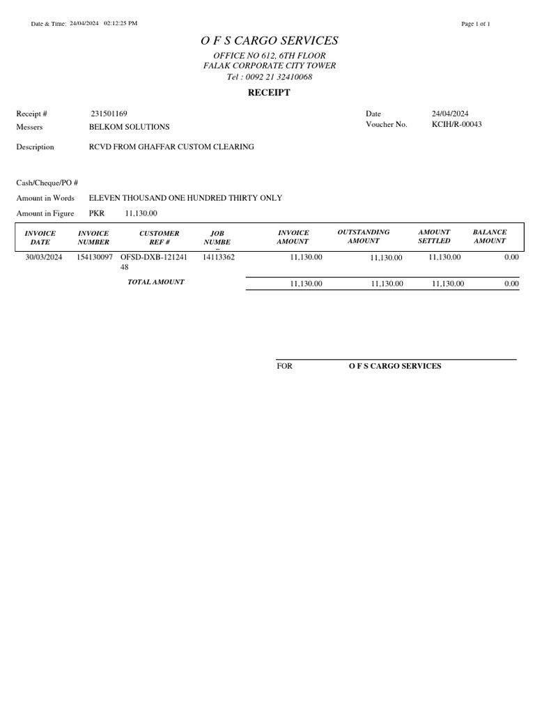 OFS Cargo Services Receipt Details | PDF