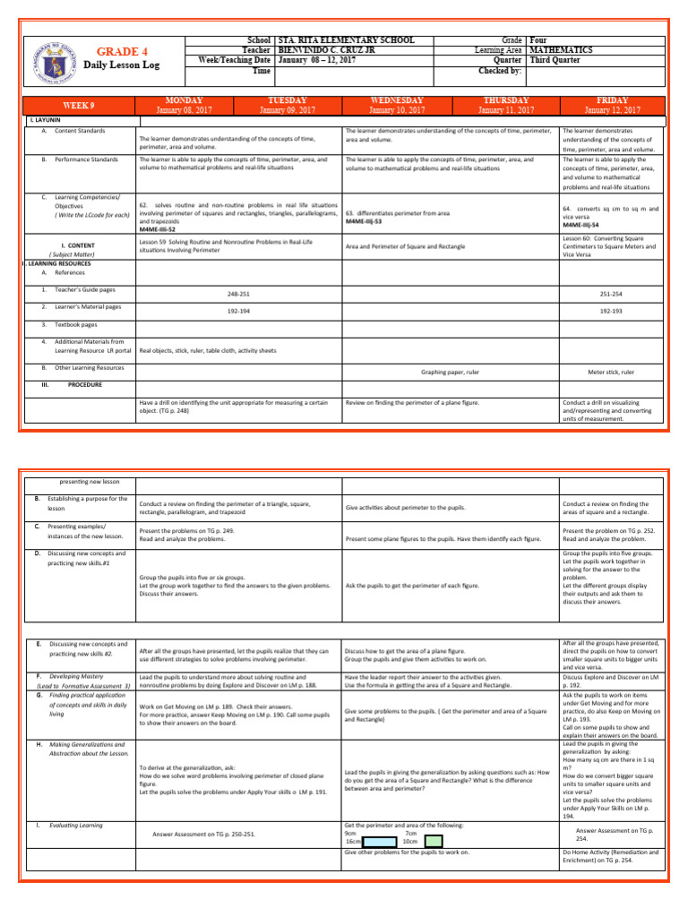 Grade 4 Math Lesson Plan: Week 9 | PDF | Area | Learning