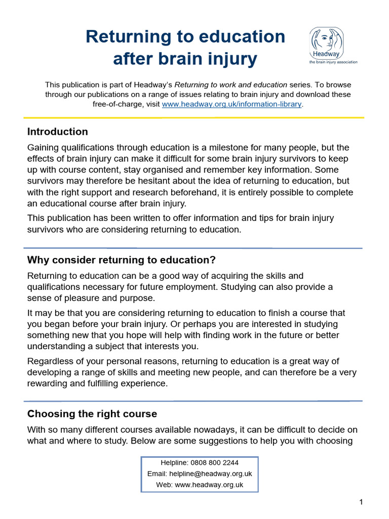 Returning To Education After Brain Injury Publication | PDF ...