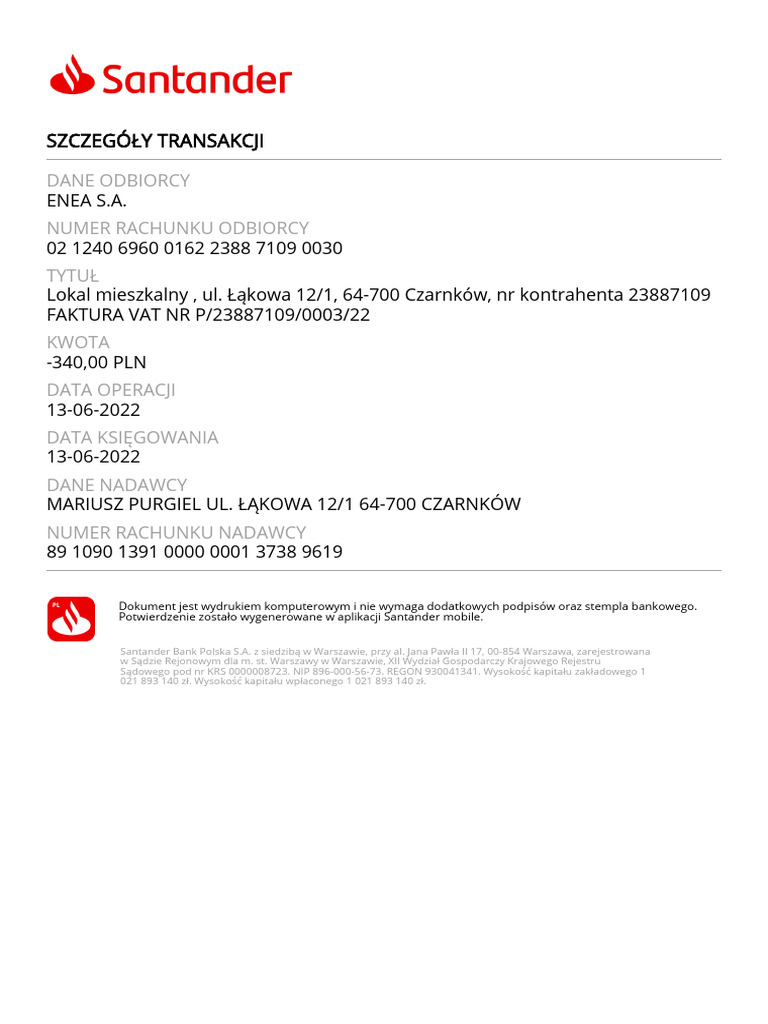 Potwierdzenie Transakcji Santander Bank Polska SA 13-06-2022 0 | PDF
