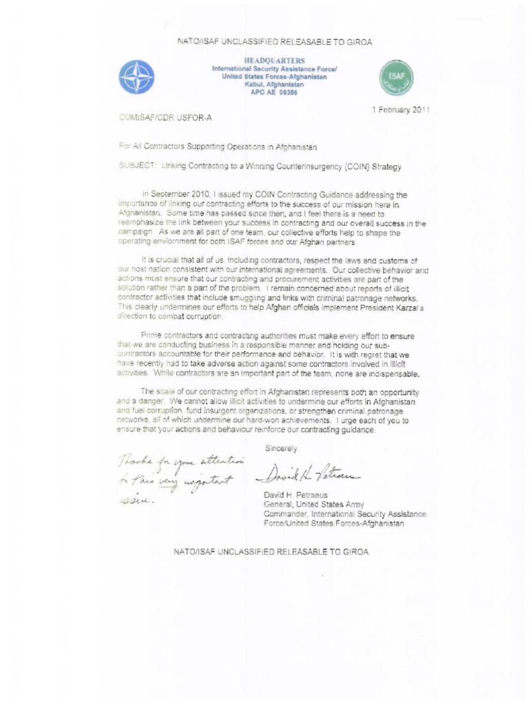 Att 6 COMISAF Letter To Contractors | PDF