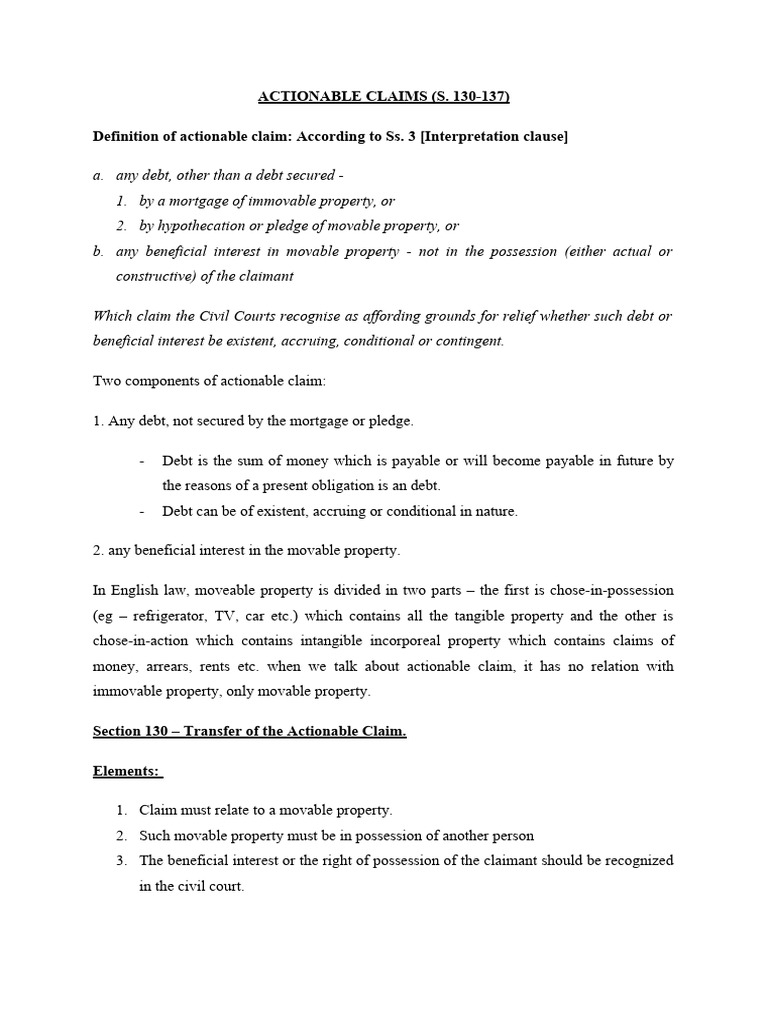 Actionable Claims | PDF | Assignment (Law) | Common Law