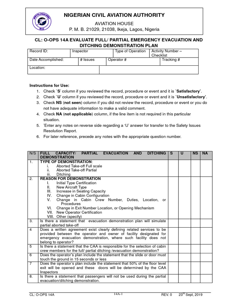 CL O-OPS 14A Evaluate Full-Partial Emergency Evacuation and Ditching Demonstration Plan | PDF ...