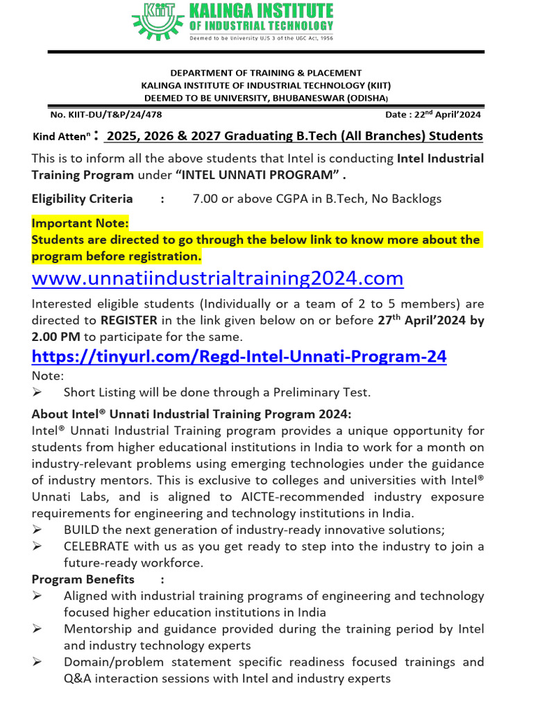 Registration For Intel Unnati Industrial Training Program-2025, 2026 ...