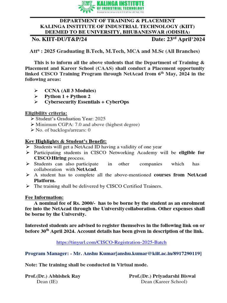 Registation Notice of CISCO Training For 2025-Batch | PDF