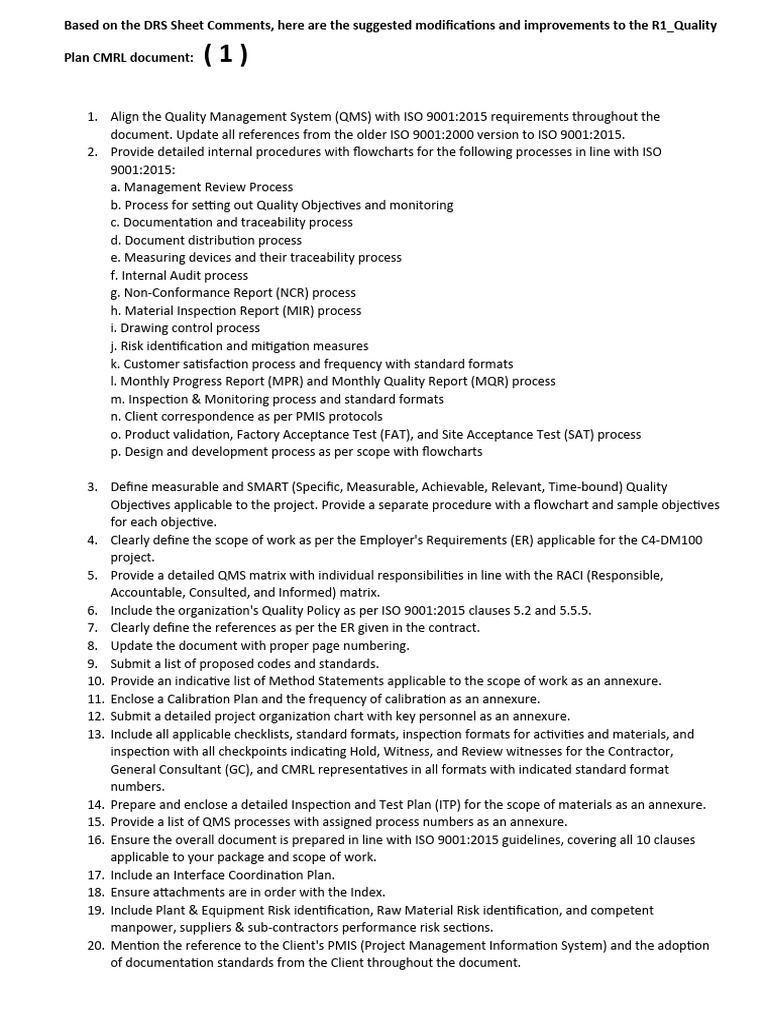 CMRL - QAP - Improvements Req 1 | PDF | Quality Management System | Iso ...