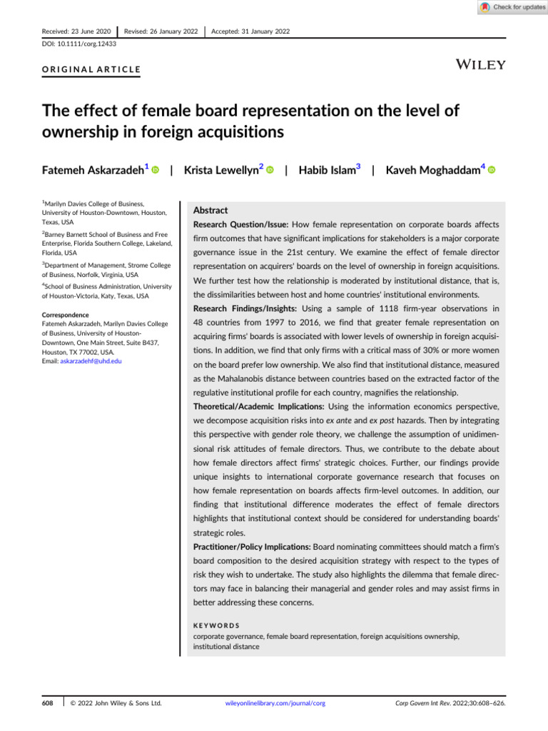 The Effect of Female Board Representation On The Level of Ownership in ...