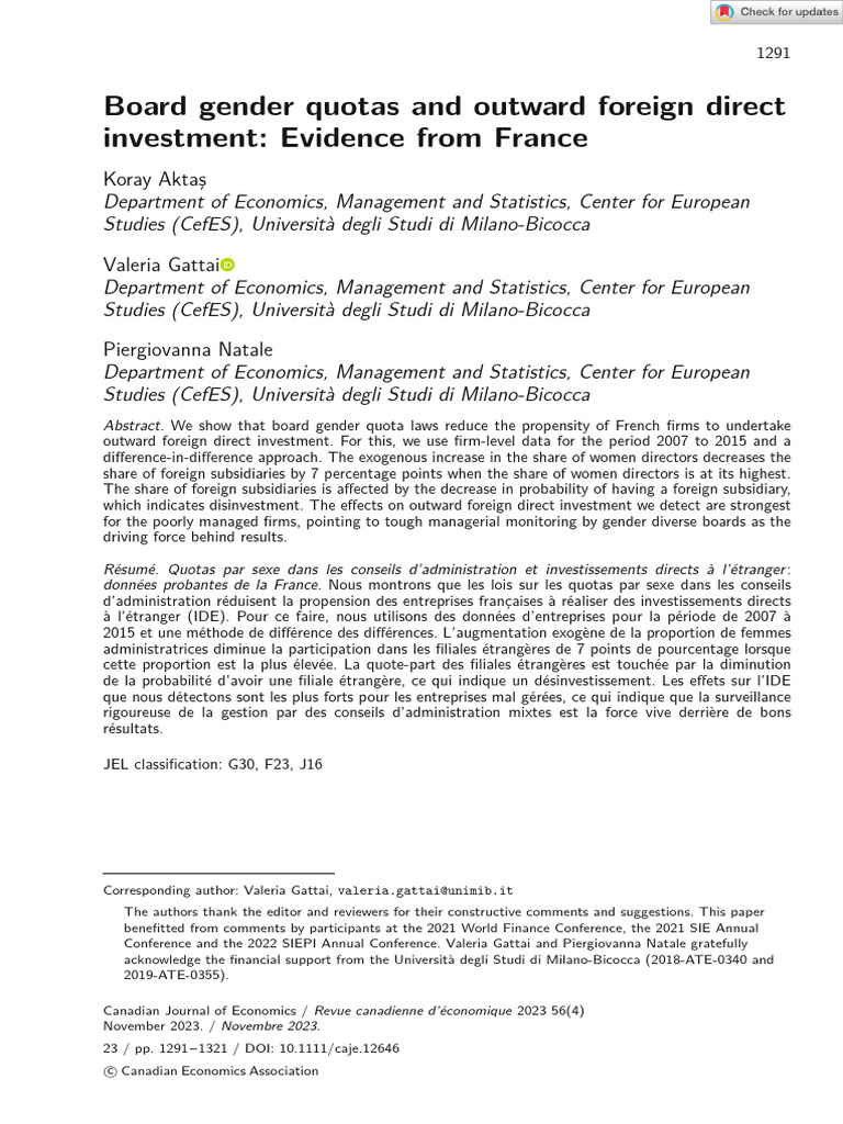 Board Gender Quotas and Outward Foreign Direct Investment Evidence From ...