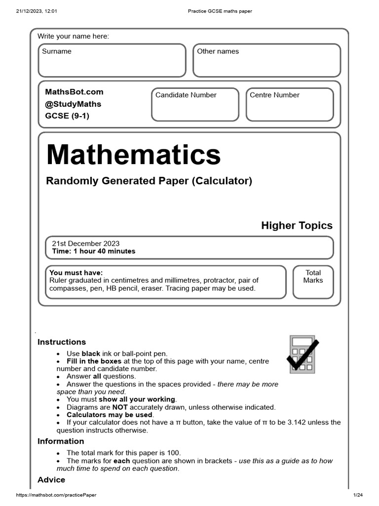 Question Paper GCSE Maths Paper Higher-1 | PDF | Mathematics ...