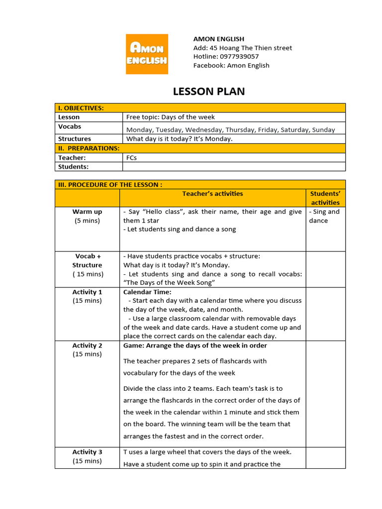 Lesson Plan - Up Starter - Days of The Week - S07 | PDF