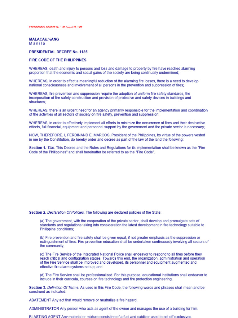PD 1185 - Fire Code of The Philippines | PDF | Fires | Fire Safety