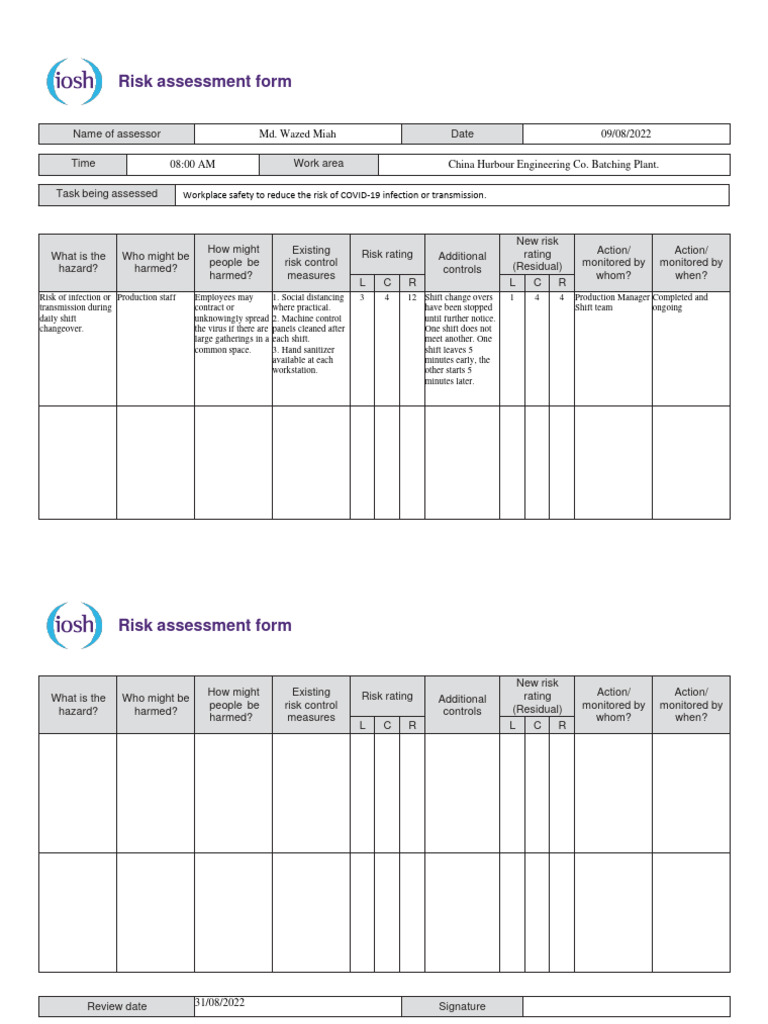 Risk Assessment COVID-19 infection | PDF | Risk | Risk Assessment