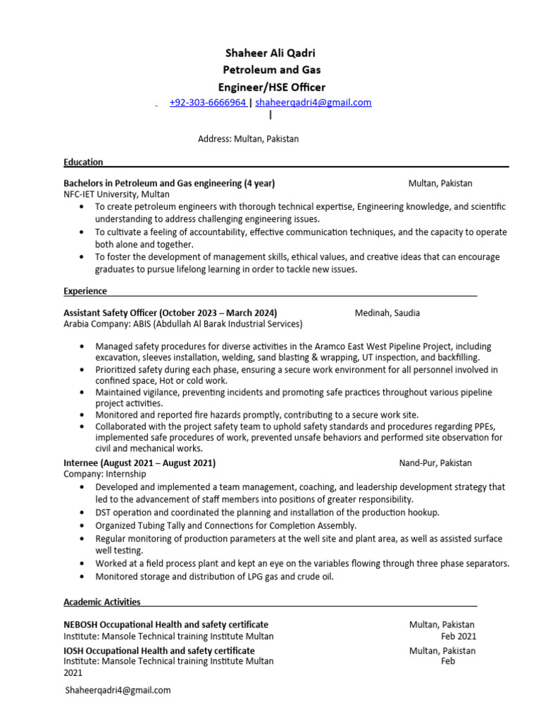 Shaheer Ali Qadri Resume-01 | PDF | Occupational Safety And Health | Safety