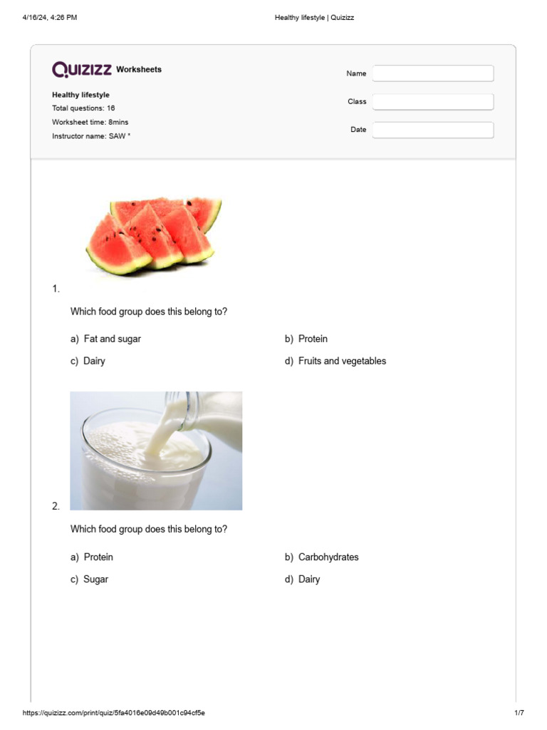 Healthy Lifestyle - Quizizz | PDF | Foods | Carbohydrates