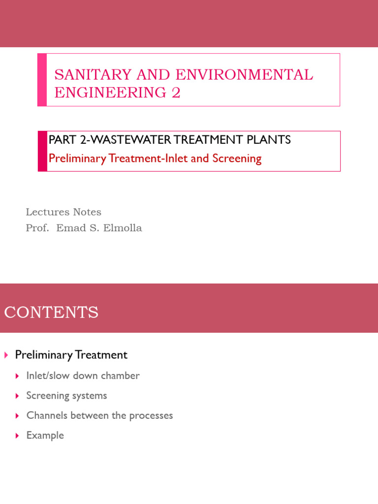 02-Preliminary Treatment-Inlet and Screening | PDF | Sewage Treatment | Water Supply