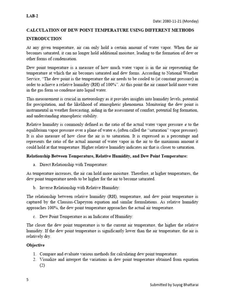 Lab 2 Calcualtion of Dew Point Temperature Using Different Methods | PDF | Water Vapor | Humidity