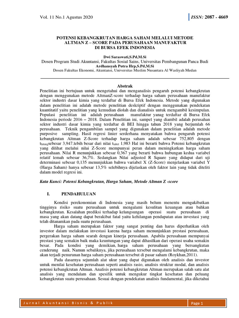 POTENSI KEBANGKRUTAN HARGA SAHAM MELALUI METODE ALTMAN Z Â " SCORE PADA PERUSAHAAN MANUFAKTUR DI ...