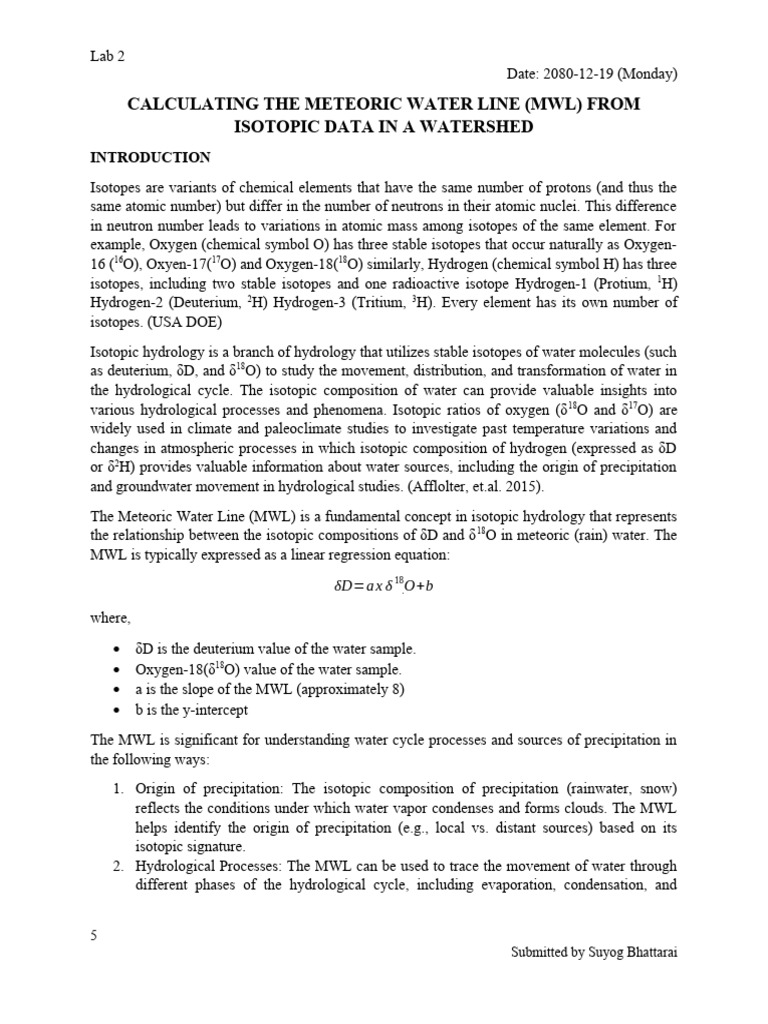 Lab 2 CALCULATE THE METEORIC WATER LINE GIVEN ISOTOPIC WATERSHED | PDF | Earth Sciences ...