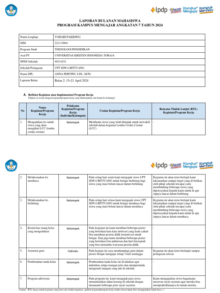 Laporan Kampus Mengajar Yohari 2024 | PDF