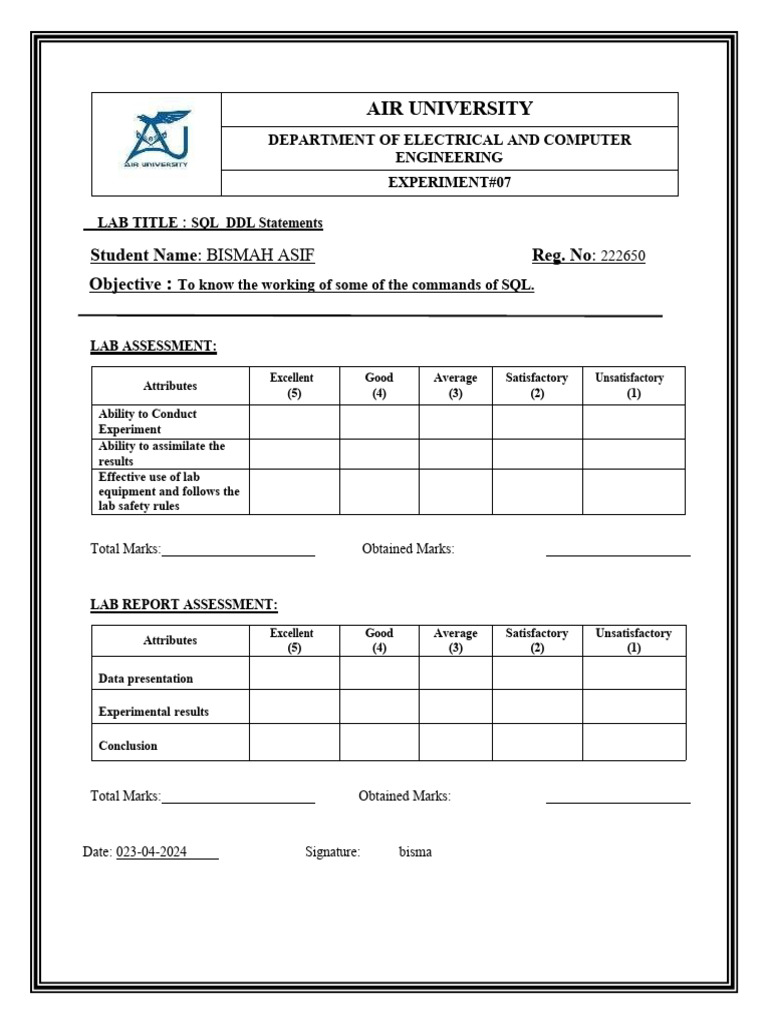 Bismah Lab07 Dbms | PDF | Database Index | Table (Database)