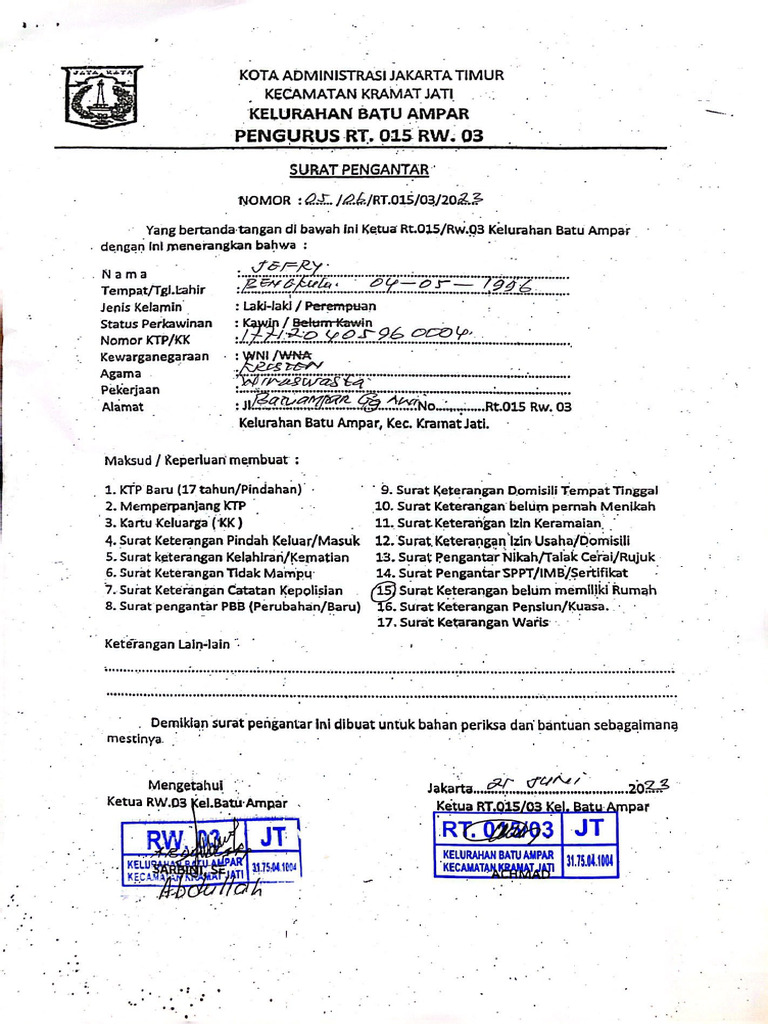 Surat PM1 Tidak Memiliki Rumah | PDF