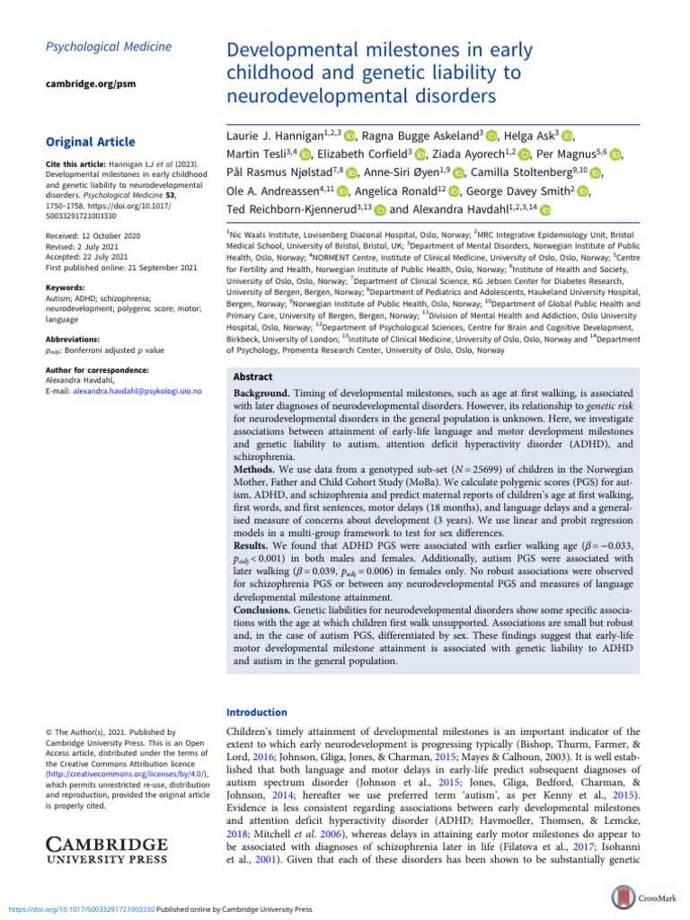 Developmental Milestones in Early Childhood and Genetic Liability To ...