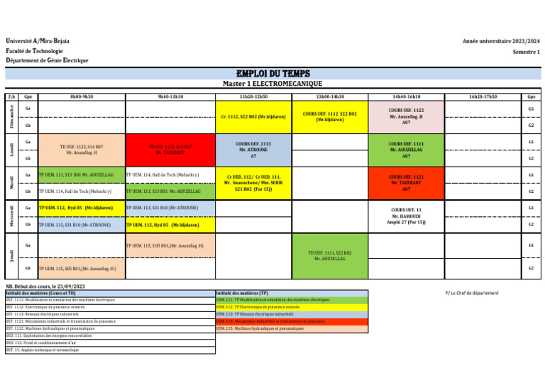 Emploi Du Temps M1 - ELM 2023-2024 | PDF | Sciences physiques | Électronique