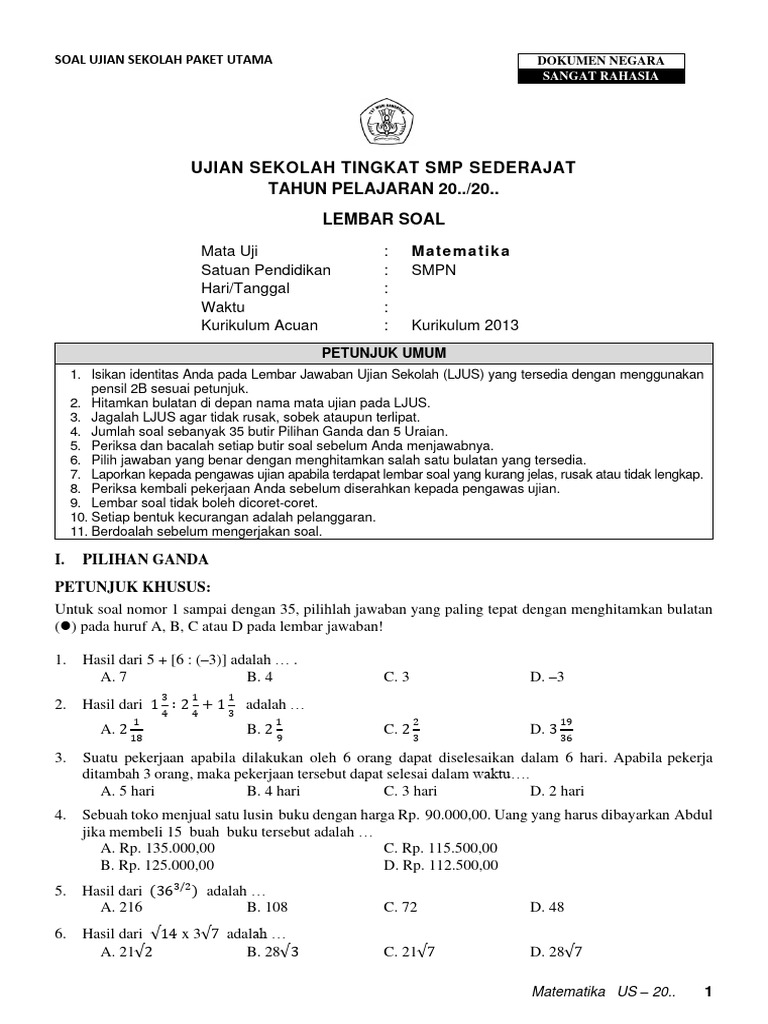 Latihan SOAL UJIAN SEKOLAH Kelas 9 | PDF