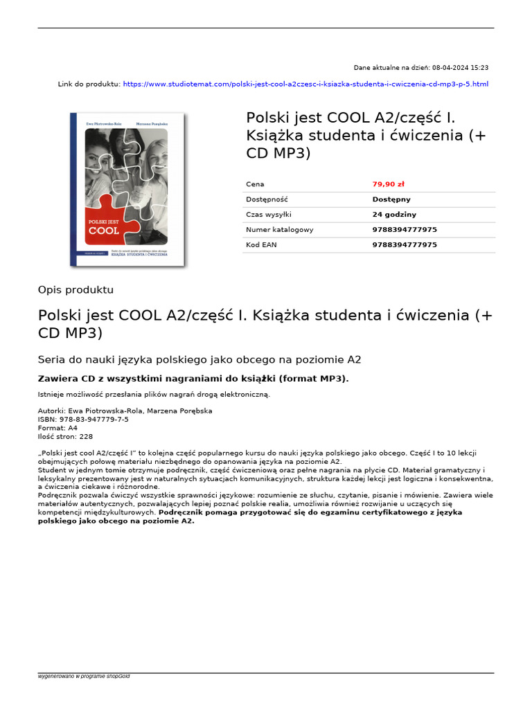 Polski Jest Cool A2czesc I Ksiazka Studenta I Cwiczenia CD mp3 | PDF