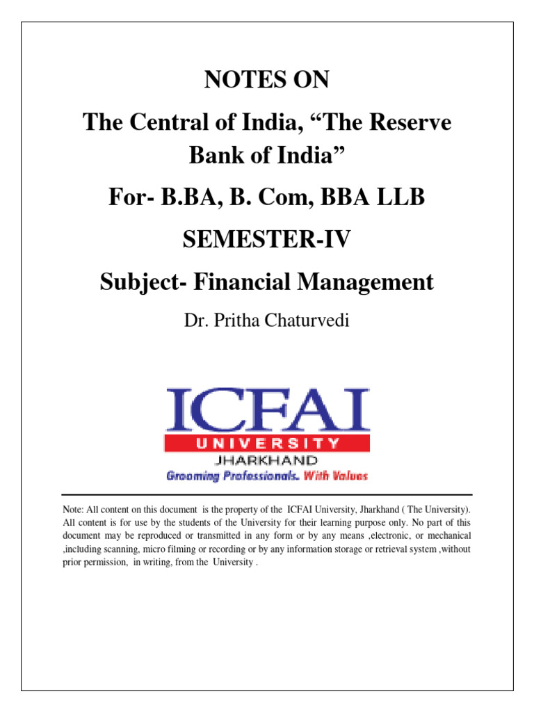 Notes On Rbi | PDF | Reserve Bank Of India | Money