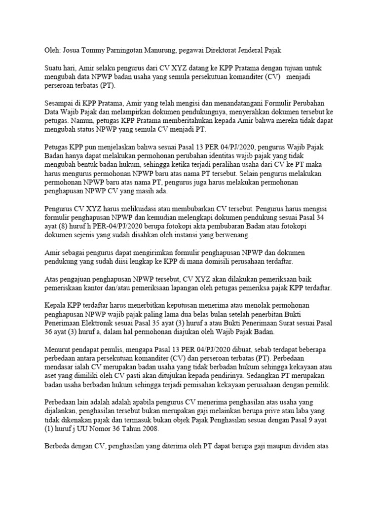 Proses Ubah NPWP CV ke PT | PDF