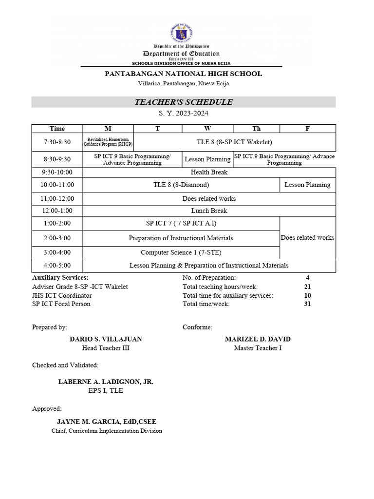 Pnhs Teachers - Class Schedule 2023 2024 | PDF | Educational Technology | Behavior Modification