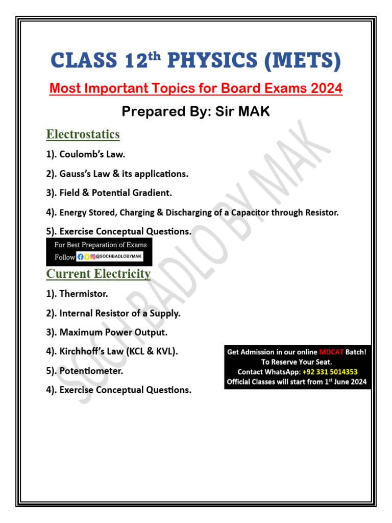 Class 12 Physics Exam Topics 2024 | PDF